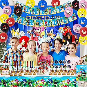 Sonic Birthday Party Supplies Party Decorations Party Favors Gift Set Include Backdrop,Bracelets,Key Chain,Button Pins,Banner, Balloons, Cake Cupcake Toppers