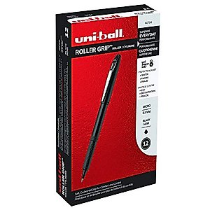 Uniball Roller Grip Pens, Micro Point (0.5mm), Black, 12 Count