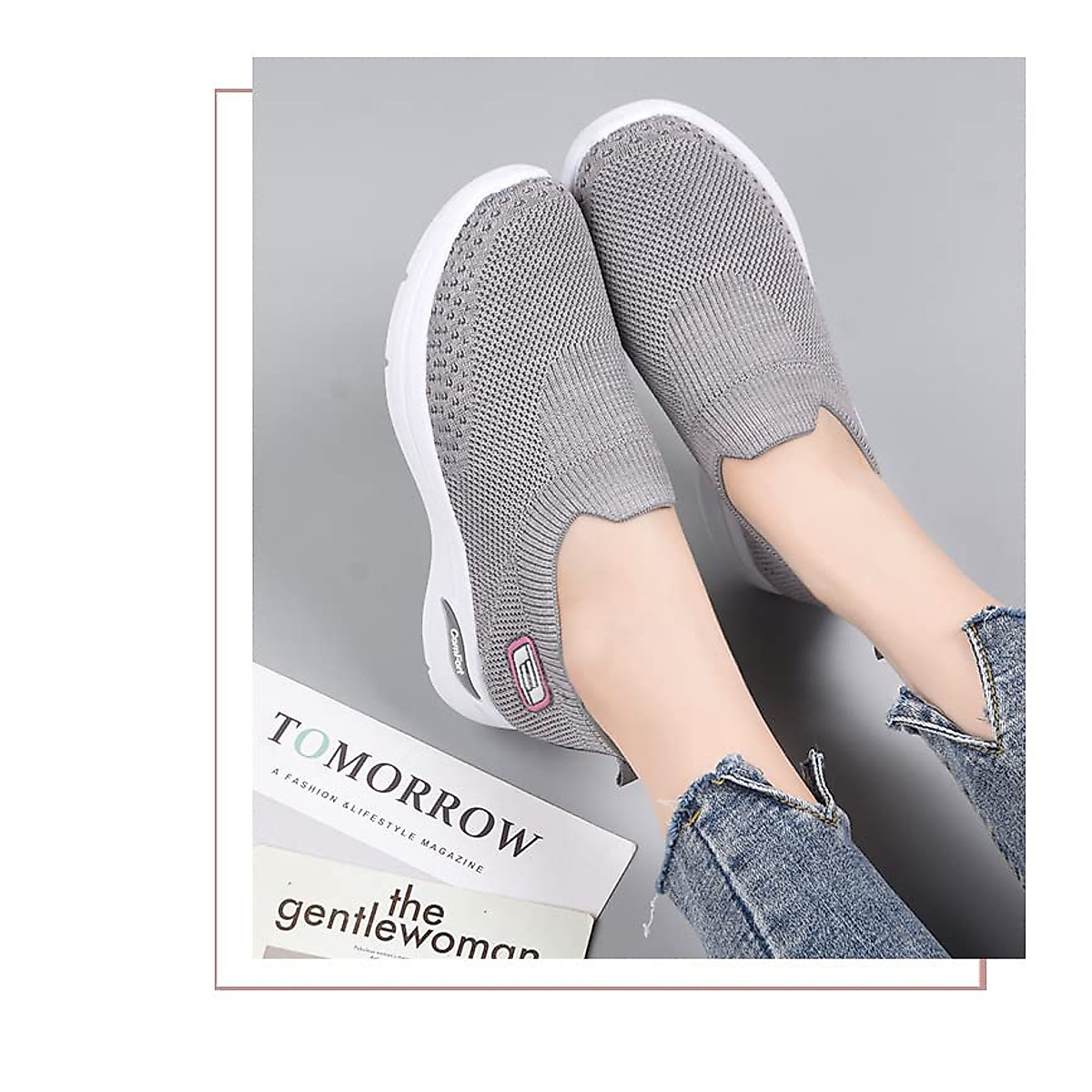 Fenlogft Women's Lightweight Slip-On Walking Shoes - Breathable Athletic Tennis Sneakers with Soft Knitted Fabric for Casual Gym Running Activities of All Ages (S-1 Grey, Numeric_8)