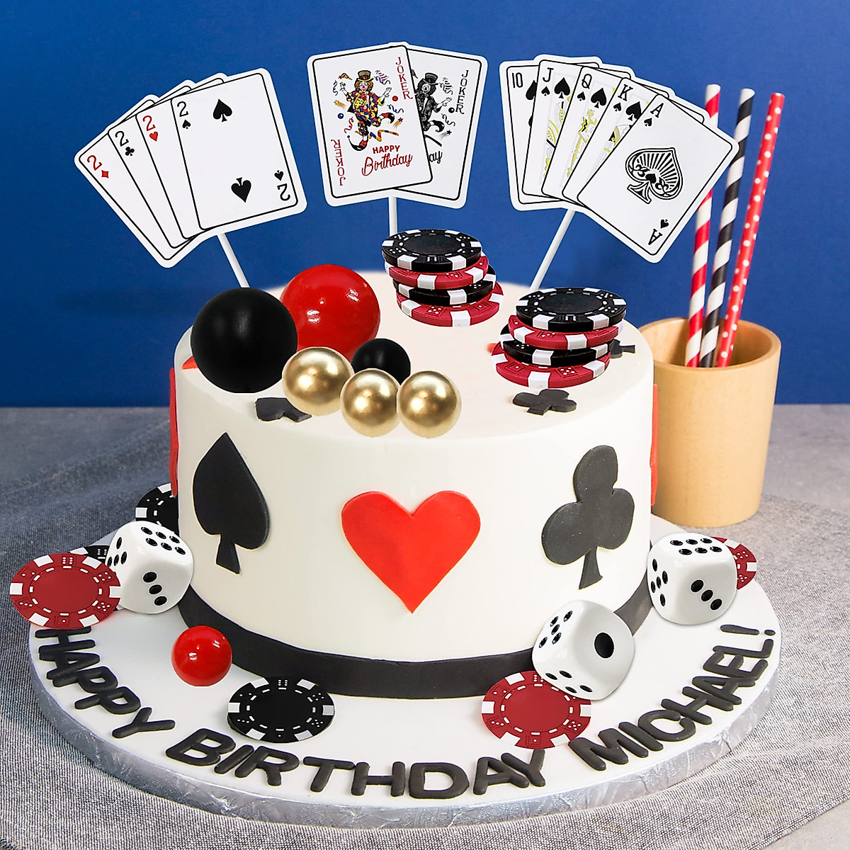 29PCS Casino Cake Decoration Dice Poker Chips Cupcake Cake Topper Set Ball Cake Topper Playing Card Game Theme Picks for Las Vegas Scene Birthday Party Decoration Supplies