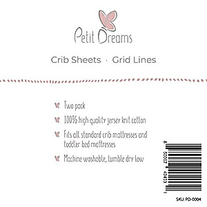 Petit Dreams Crib Sheet Jersey Knit Cotton for Baby Girl Fits Standard Size Crib Mattresses, Dotted Stripes & Grid Lines, (Pack of 2)