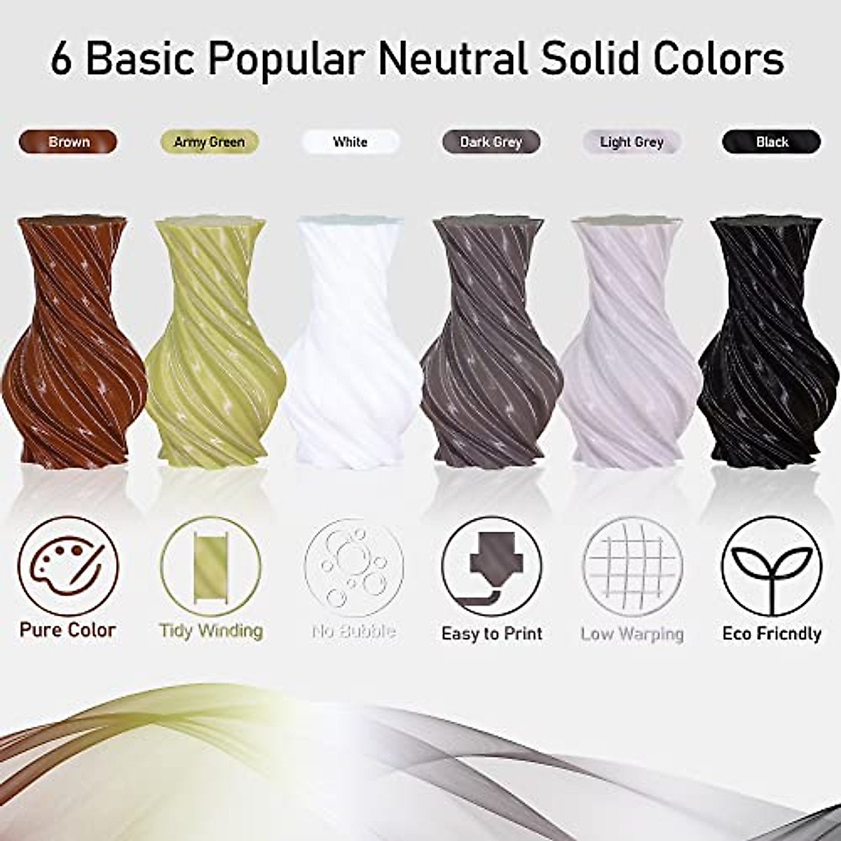 OEM MIKA3D 1.75mm 3D Printer PLA Filament 6 in 1 Bundle: Black, White, Light Grey, Dark Grey, Brown, Army Green; 6 Neutral Colors Packed, Each 250g, 6 Spools Packed, Total 1.5Kg 3D Printing PLA