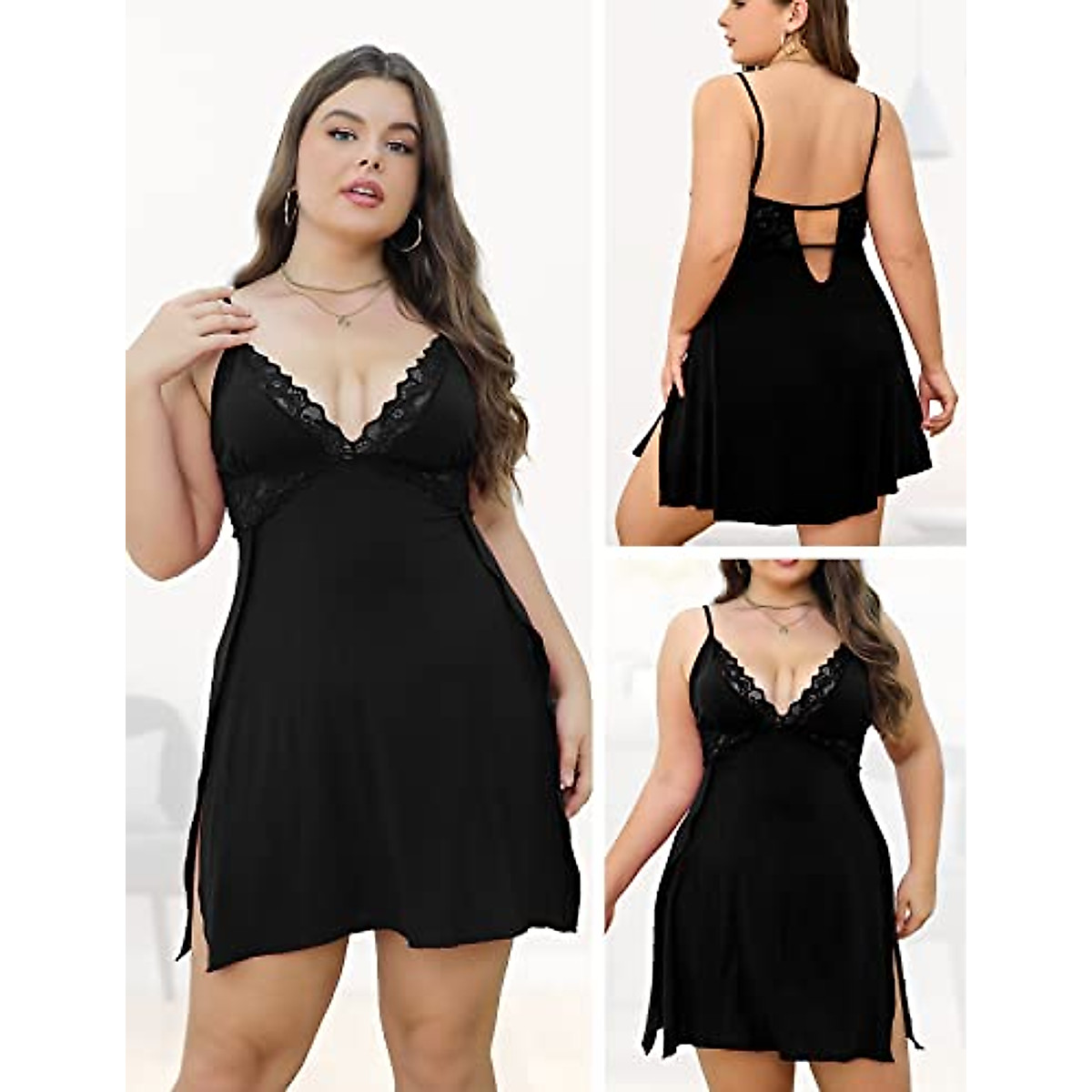 Queenfox Plus Size Babydoll Lingerie for Women Sexy Nightgowns Side Slit Sleepwear V-Neck Babydoll Dress Lace Chemise Black 3XL