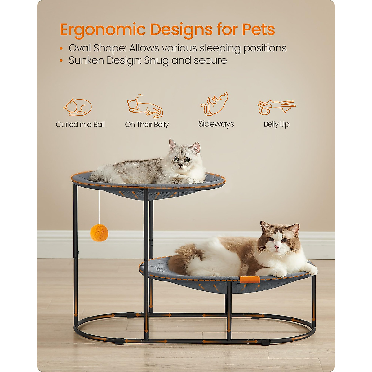 Feandrea Cat Bed, 2-Tier Elevated Cat Bed, Breathable Cat Hammock for Multi-Cat Households, Indoor Cats, with Removable Washable Mesh, Steel Frame, for Summer, Dove Gray UPCB012G01