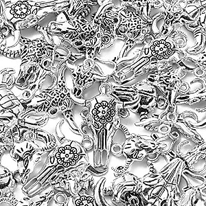 KitBeads 100pcs Tibetan Cattle Head Charms Mixed Styles Cattle Skull Charms Antique Silver Animal Skull Cow Bull Head Charms for Jewelry Making Bulk