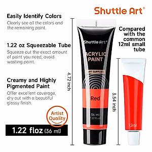 Shuttle Art 30 Colors Acrylic Paint Set, 36ml Tubes with 3 Brushes, Artist Grade Acrylic Paint, for Kids Adults Beginners, Painting on Crafts Canvas Wood Rocks