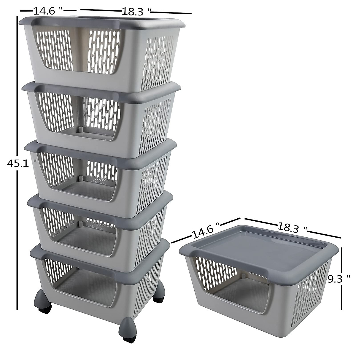 Jandson Grey Plastic Stacking Baskets, Large Stackable Storage Bins, 5 Packs