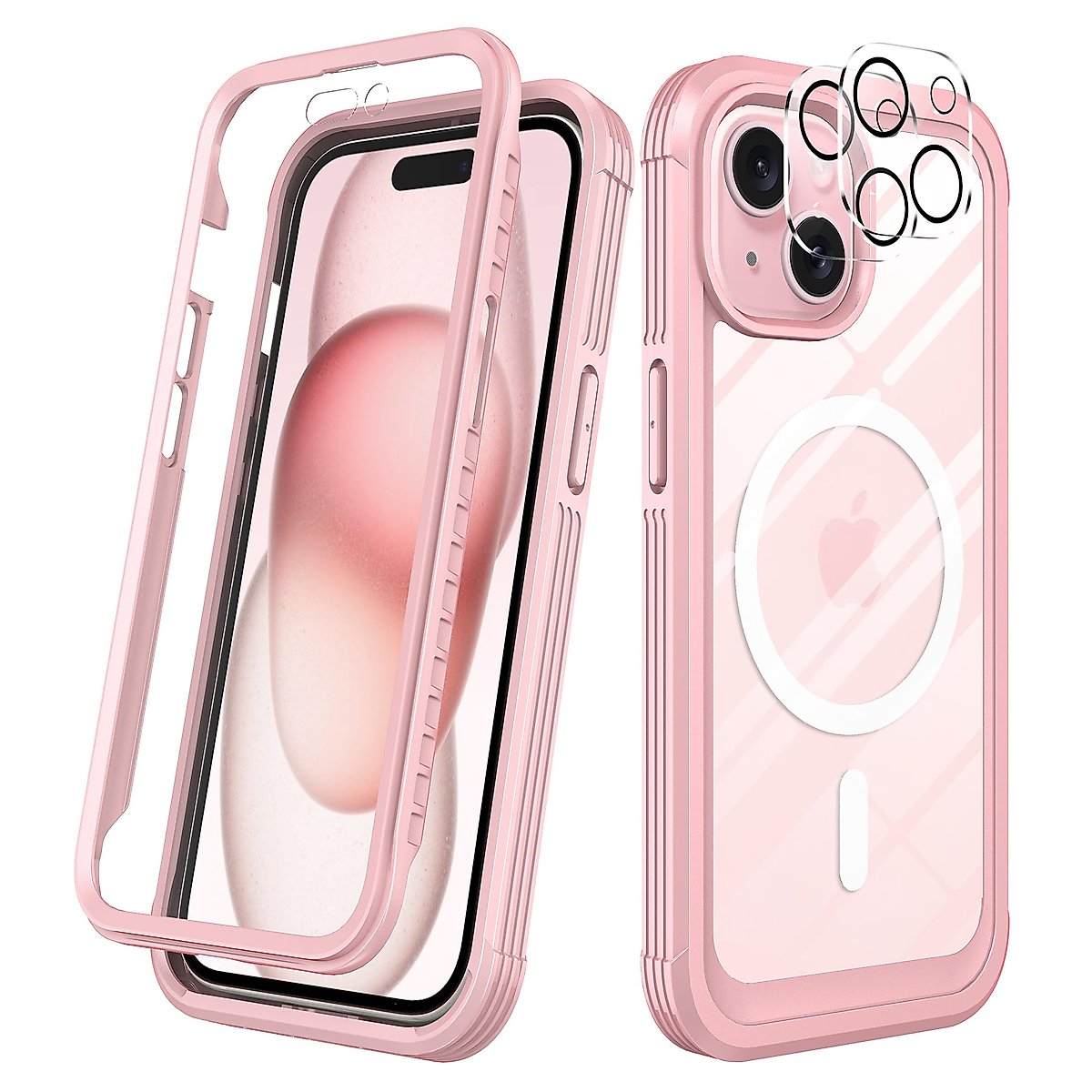 Ezanmull for iPhone 15 Case [Compatible with MagSafe] [with Built-in Touch Sensitive Anti-Scratch 9H Tempered Glass Screen Protector + Camera Lens Protector] Full-Body Magnetic Case (Clear&Pink)