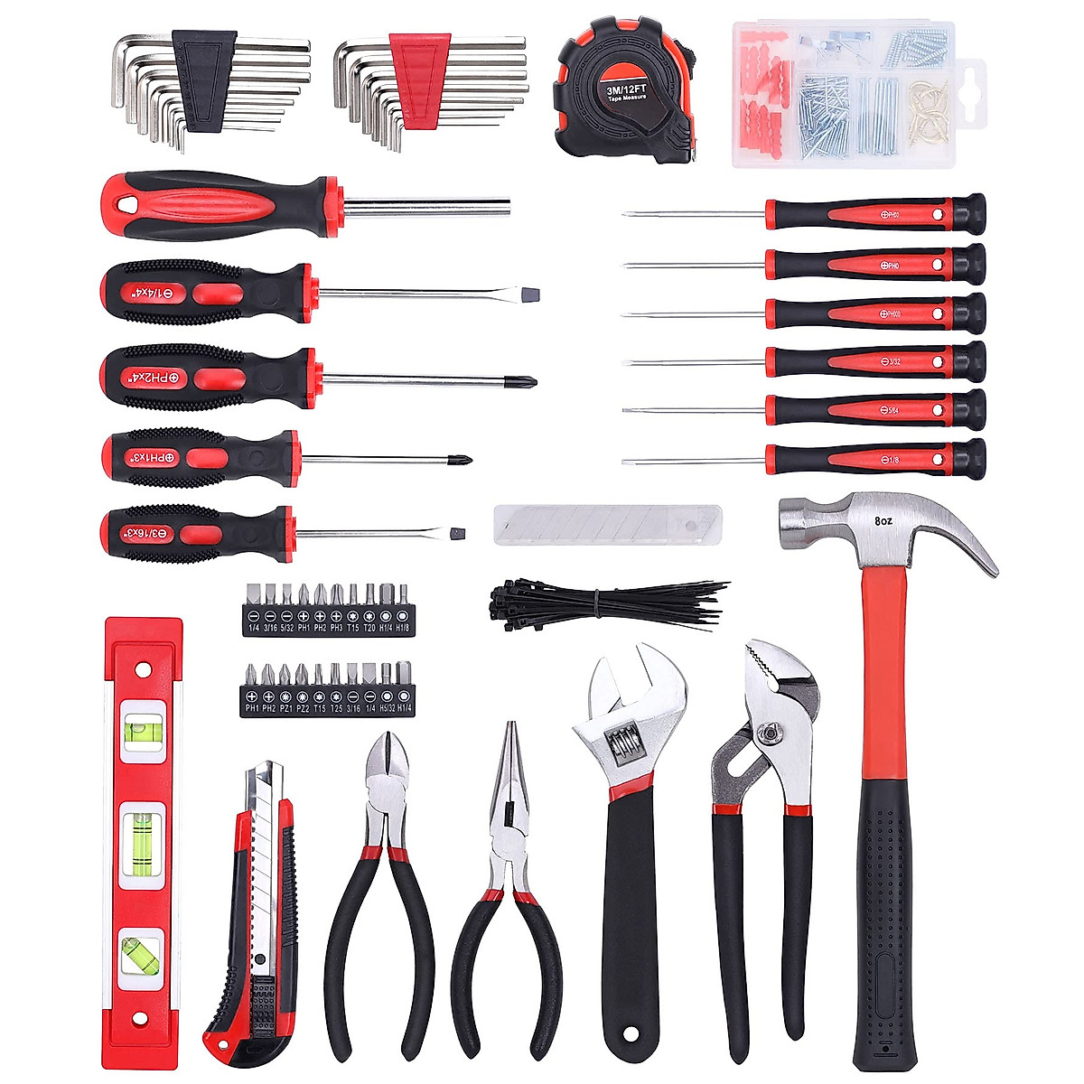 FASTPRO 215-Piece Home Repairing Tool Set with 12-Inch Wide Mouth Open Storage Bag,Household Hand Tool Kit,Red