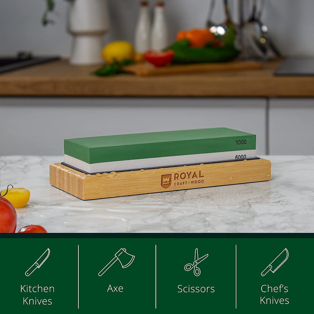 Universal Knife Sharpening Stone w/Dual Grit 1000/6000 for Kitchen Knife Set, Chef Knife, and more - Whetstone Sharpening Kit with Angle Guide, Non-Slip Silicon and Bamboo Bases by ROYAL CRAFT WOOD