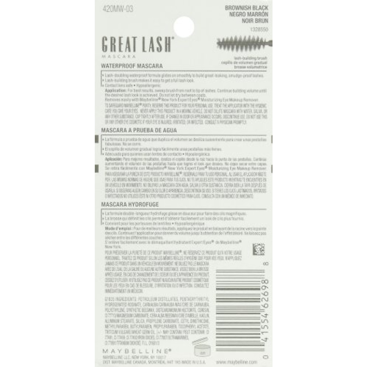 Maybelline New York Makeup Great Lash Waterproof Mascara, Brownish Black Waterproof Mascara, 0.43 fl oz
