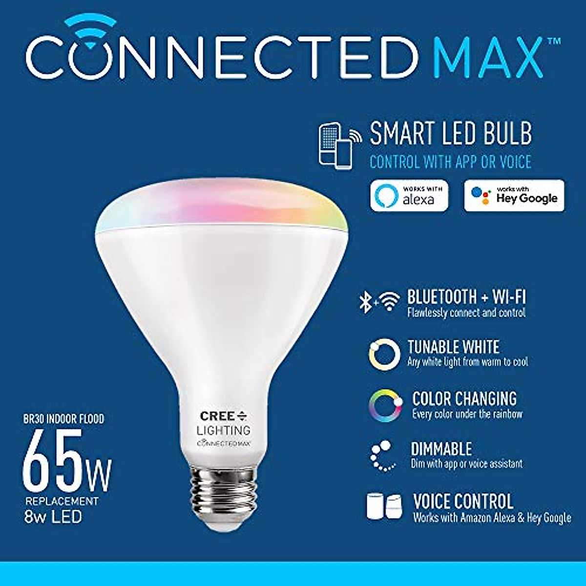 Cree Lighting Connected Max Smart Led Bulb Br30 Indoor Flood Tunable White + Color Changing, 2.4 Ghz, Compatible with Alexa and Google Home, No Hub Required, Bluetooth + WiFi, 4Pk