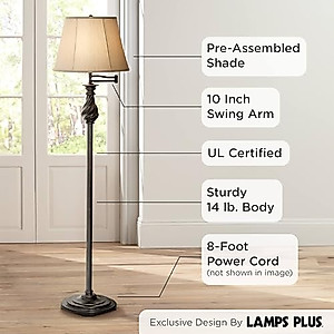 Regency Hill Traditional Adjustable Swing Arm Floor Lamp 58" Tall Painted Restoration Black Bronze Swirl Font Faux Silk Beige Drum Shade for Living Room Reading House Bedroom Family Home