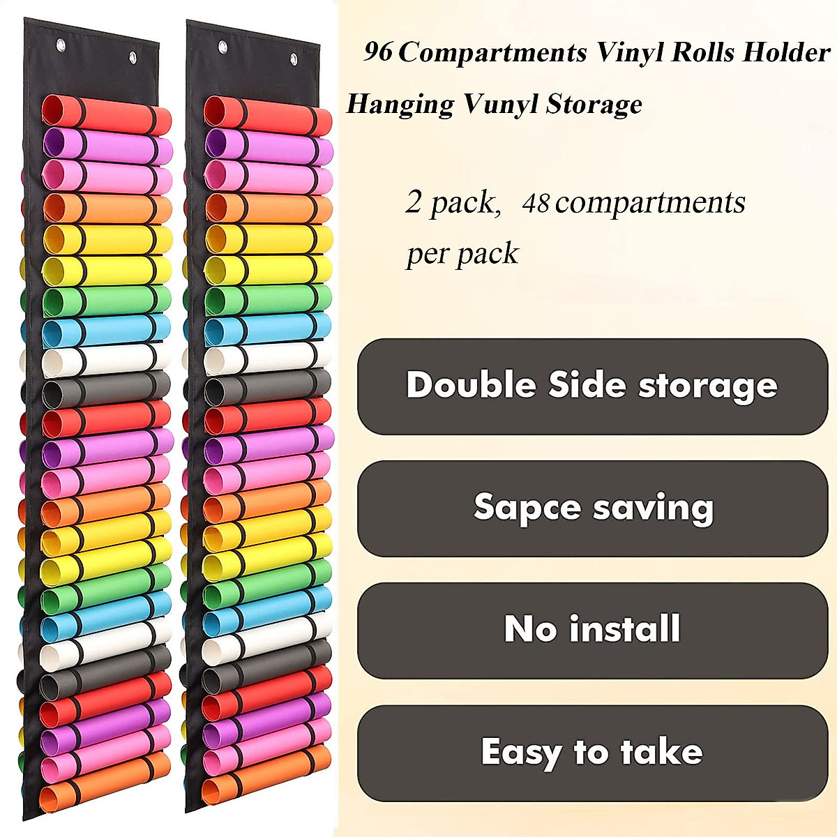 Loloka 2 Packs Vinyl Storage Organizer with 48 Compartment, Vinyl Roll Holder, Vinyl Storage Rack with 2 Hooks, Hanging Organizer Storage with 96 Roll Compartments (Black,96)