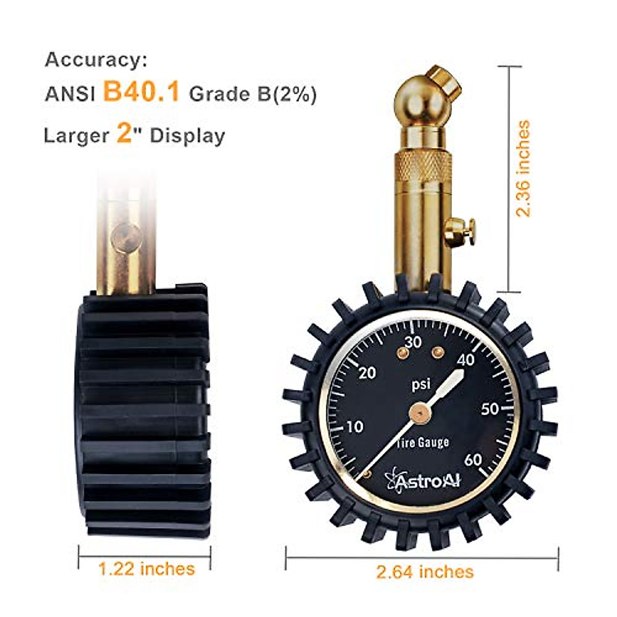 AstroAI Tire Pressure Gauge 60 PSI, Large 2" Easy Read Glow Dial Tire Gauge, Certified ANSI B40.1 Accurate, Compatabile for Bicycle, Car, SUV, Truck & Motorcycle