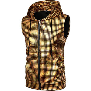 ZEROYAA Mens Hipster Metallic Sequins Zip Up Sleeveless Hooded Vest T Shirt with Kangaroo Pocket ZLSV17 Gold X-Large