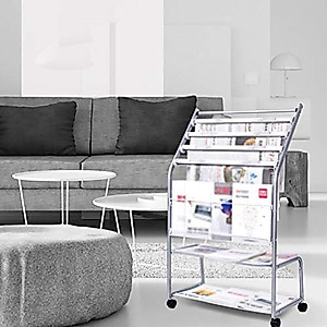 Metal Magazine Rack Newspaper Holder Book Shelf Storage Rack with Wheels Stratification Freestanding Display Rack Materials Robust 63.5X36X105CM MUMUJIN