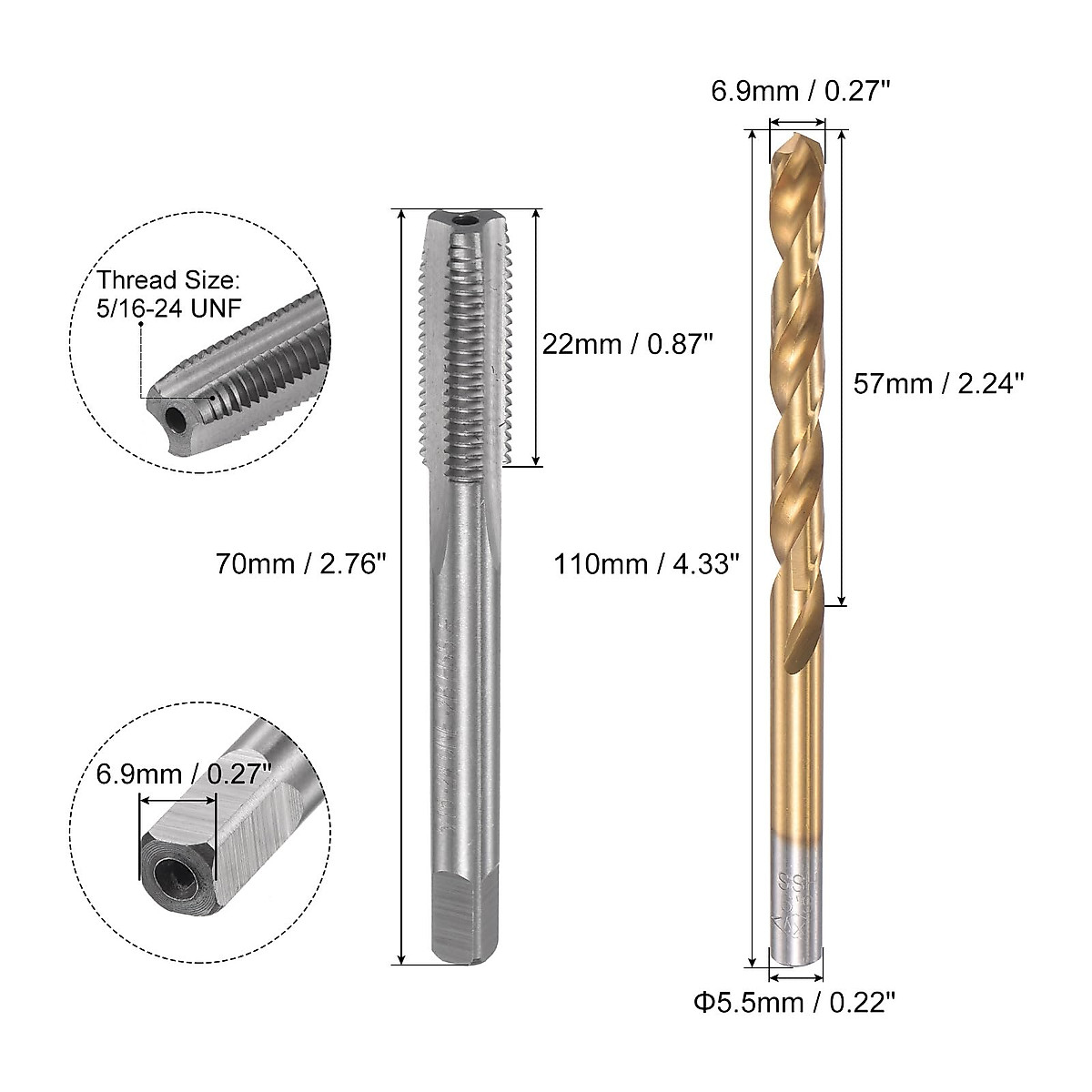 uxcell 5/16-24 UNF Straight Flute Tap Left Hand and 6.9mm Twist Drill Bit Set, Titanium Plated High Speed Steel Drilling Bit Machine Threading Tap