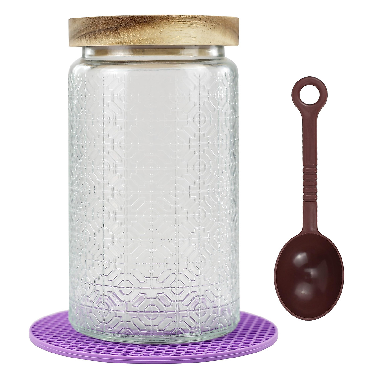 EIKS Glass Storage Jars Airtight Containers with Wooden Lid, Scoop & Protection Mat for Storing Candy Coffee Beans Tea Cookie Nuts, Capacity 1000ml