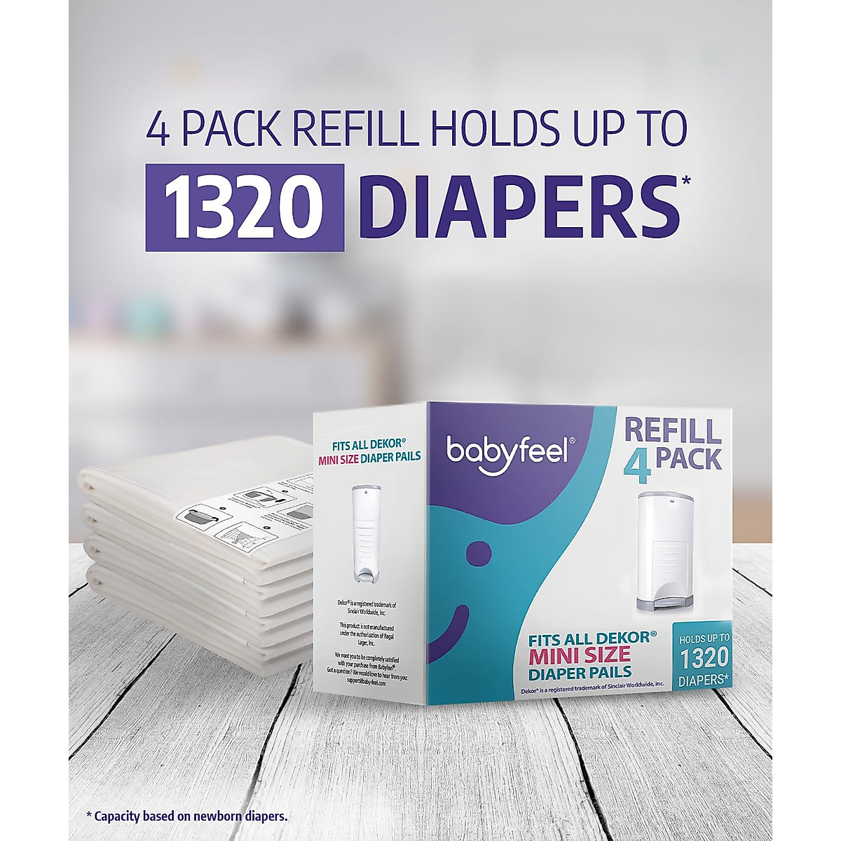 Babyfeel Refills Compatible with DEKOR MINI Diaper Pails | 4 Pack | Exclusive 20% Extra Thickness | Diaper Pail Refills with Powerful Odor Elimination | Powder Scent | Holds up to 1320 Diapers