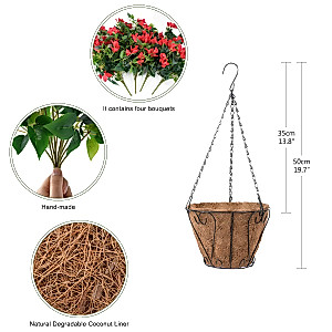 Homsunny Artificial Hanging Flowers Basket with 4 Pcs Bougainvillea Silk Vine Flowers for Outdoor Indoor,Coconut Lining Basket Hanging Plant Flowers for Patio Lawn Garden Decor(red)