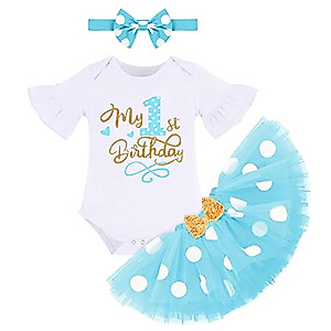 IBTOM CASTLE It's My 1st Birthday Outfit For Baby Girls First Birthday Gift Wild ONE Bodysuit Romper Onesie Sequin Bow-tie Tulle Tutu Polka Dots Skirt for Photo Shoot w/Ears Headband Blue 1T