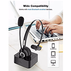 Sanfant Trucker Bluetooth Headset, V5.0 Bluetooth Headset with Microphone Noise Canceling, 18hr Talktime Wireless Headset with Standing Dock, Car Bluetooth Headset for Cell Phone/Laptop/Tablet