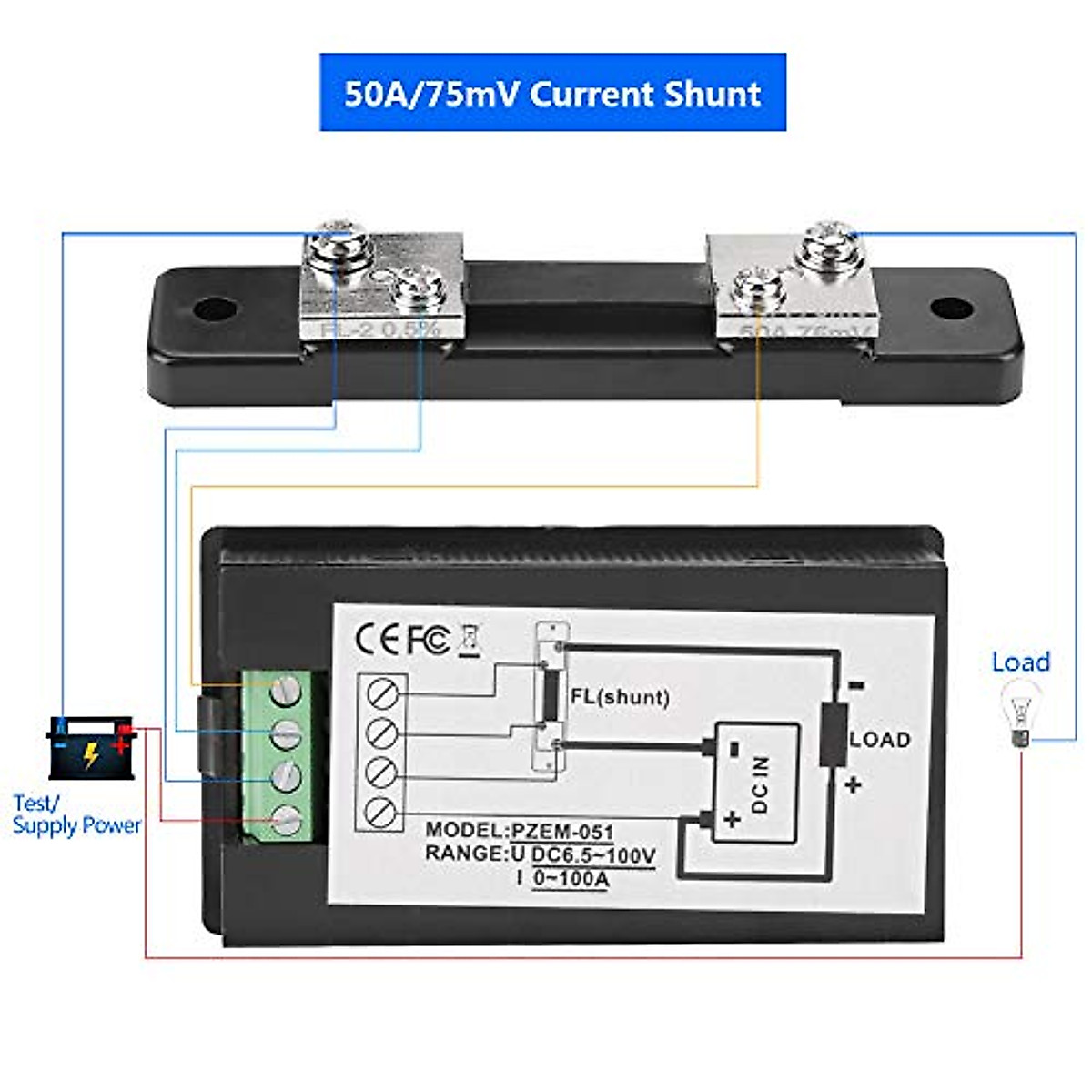 PEACEFAIR PZEM-051 LCD Display DC 6.5-100V Digital Electric Power Energy Voltage Current Meter Power Energy Battery Monitor Amperage Meter Gauge with Built-in Shunt(50A Shunt)