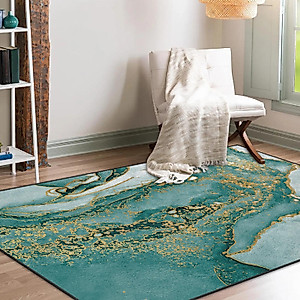 Bribay Area Rug, Washable and Non-Slip 3'x5' Navy Blue Ocean Green Gold Marble Sea Living Room Rug, Indoor Entryway Door Mat, Floor Mat Carpet for Bedroom, Kitchen Laundry, Bathroom