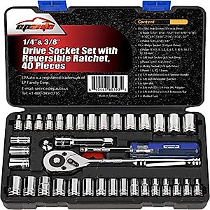 EPAuto 40 Pieces 1/4-Inch & 3/8-Inch Drive Socket Set with 72 Tooth Reversible Ratchet