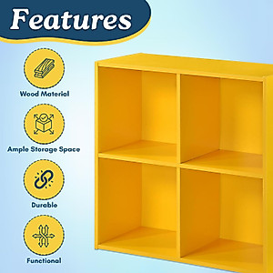 Kings Brand Furniture George Bookcase Cubby Storage Organizer - Square Shelves Cube Storage - 4 Cube Storage Organizer - Cube Organizer Wood Shelf for Bedroom - Nursery - School - Yellow Finish