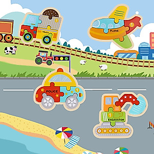 Phoohi Wooden Puzzles for Toddlers 1-3 Years 4pcs Vehicle Traffic Puzzles Early Learning Educational Montessori Preschool Wooden Toys for 2 Year Old Boys Gift
