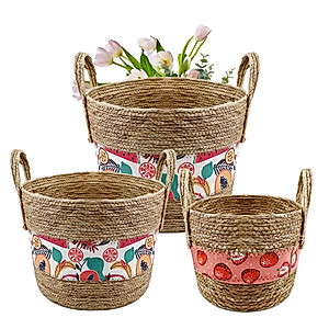 Babion 3 Pack Hand Woven Storage Baskets, Round Woven Baskets for Organizing, Decorative Basket with Handles, Plant Basket, Toy Storage Basket, Storage Baskets Laundry, Picnic, 3 Sizes