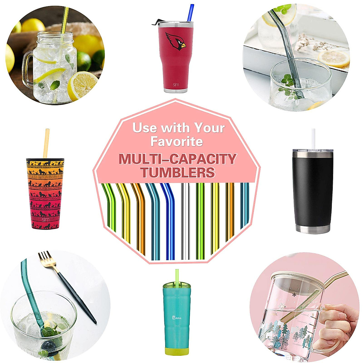 Panesor Glass Straws, 12PCS Reusable Drinking Straws with 4 Cleaning Brushes 8.5''x10 MM Multi-color 6 Straight and 6 Bent Replacement for Milkshakes Coffee Drinks Smoothies Juice 20 24 30oz Tumbler