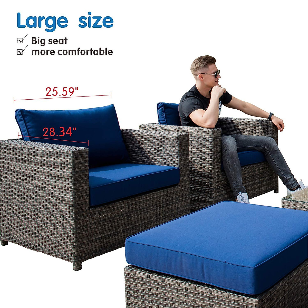 ovios Patio Furniture Set 12 Pieces Outdoor Conversation Set All Weather Wicker Rattan Sectional Sofa Sets with Thick Cushions Fully Assembled Furniture, Big Size, Grey Wicker, Navy Blue