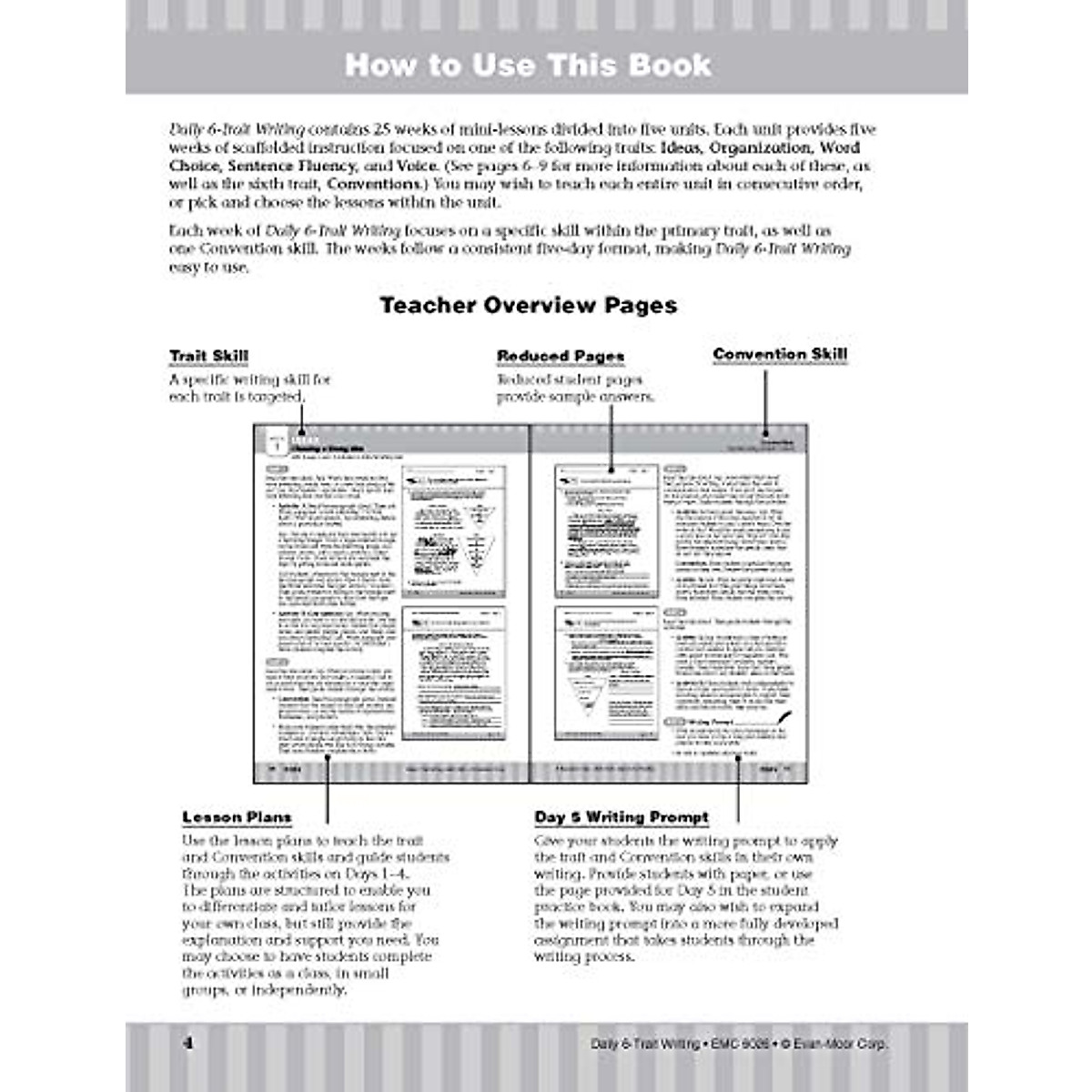 Evan-Moor Daily 6-Trait Writing, Grade 6 Homeschool and Classroom Resource Workbook, Reproducible Worksheets, Teaching Edition, Lesson Plans, Ideas, Organization, Word Choice, Sentence Fluency, Voice