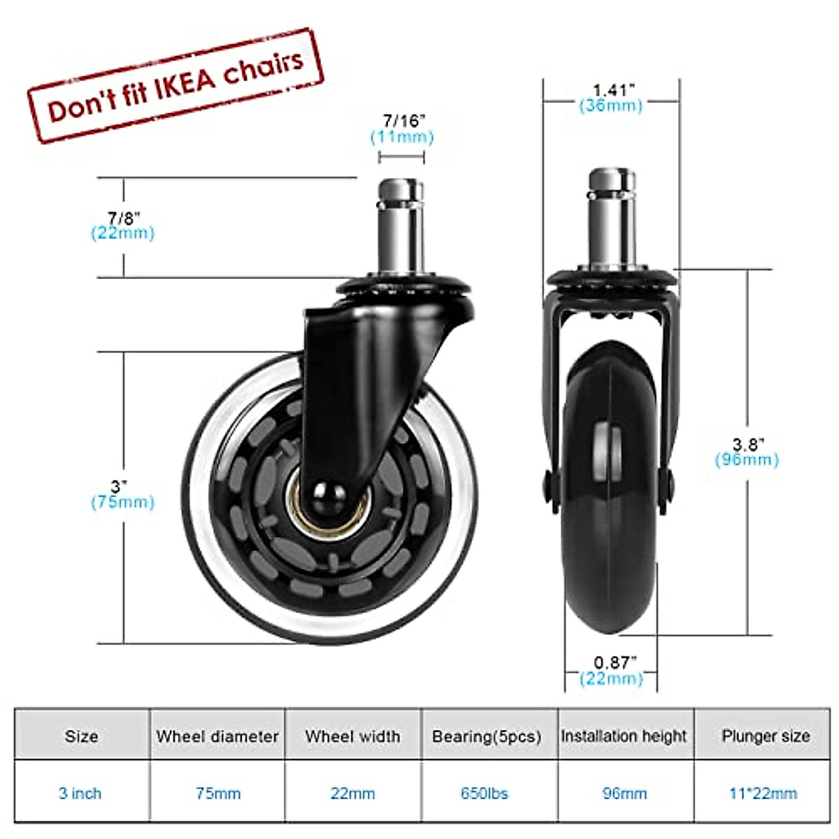 Hirate Office Chair Caster, 3" Computer Desk Chair Replacement Set of 5 Heavy Duty Protection for All Floors, Universal Stem 11mm (7/16" x7/8")