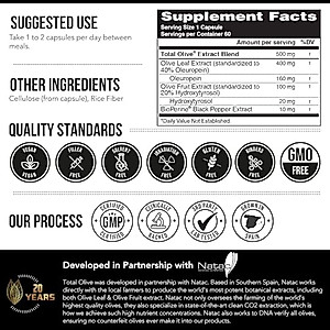 Total Olive® - Olive Leaf Extract (40% Oleuropein) Plus Olive Fruit Extract (20% Hydroxytyrosol) – Full Spectrum Extract Grown & Extracted in Spain – BioPerine Absorption Enhancement (60 Count)