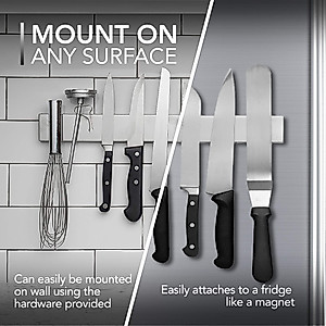 Modern Innovations 10 Inch Magnetic Knife Holder for Refrigerator, Magnetic Knife Holders for Fridge or Kitchen Wall No Drilling, Magnet Strips for Knives & Metal Utensils, Tool Rack, Stainless Steel