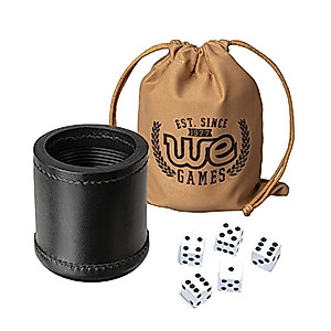 WE Games Professional Handmade Black Leather Dice Cup Set, Comes with 5 Standard Game Dice & Cloth Bag, Dice Roller for Liars Dice Farkle & Board Games, Durable Stitched Dice Cups