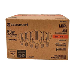 EcoSmart A15 LED Light Bulbs | Clear | Vintage Filament | 700 Lumens | 60W Equivalent | Candelabra E12 Base | Dimmable | Soft White (2700K) | Ideal for Ceiling Fans | 6-Pack