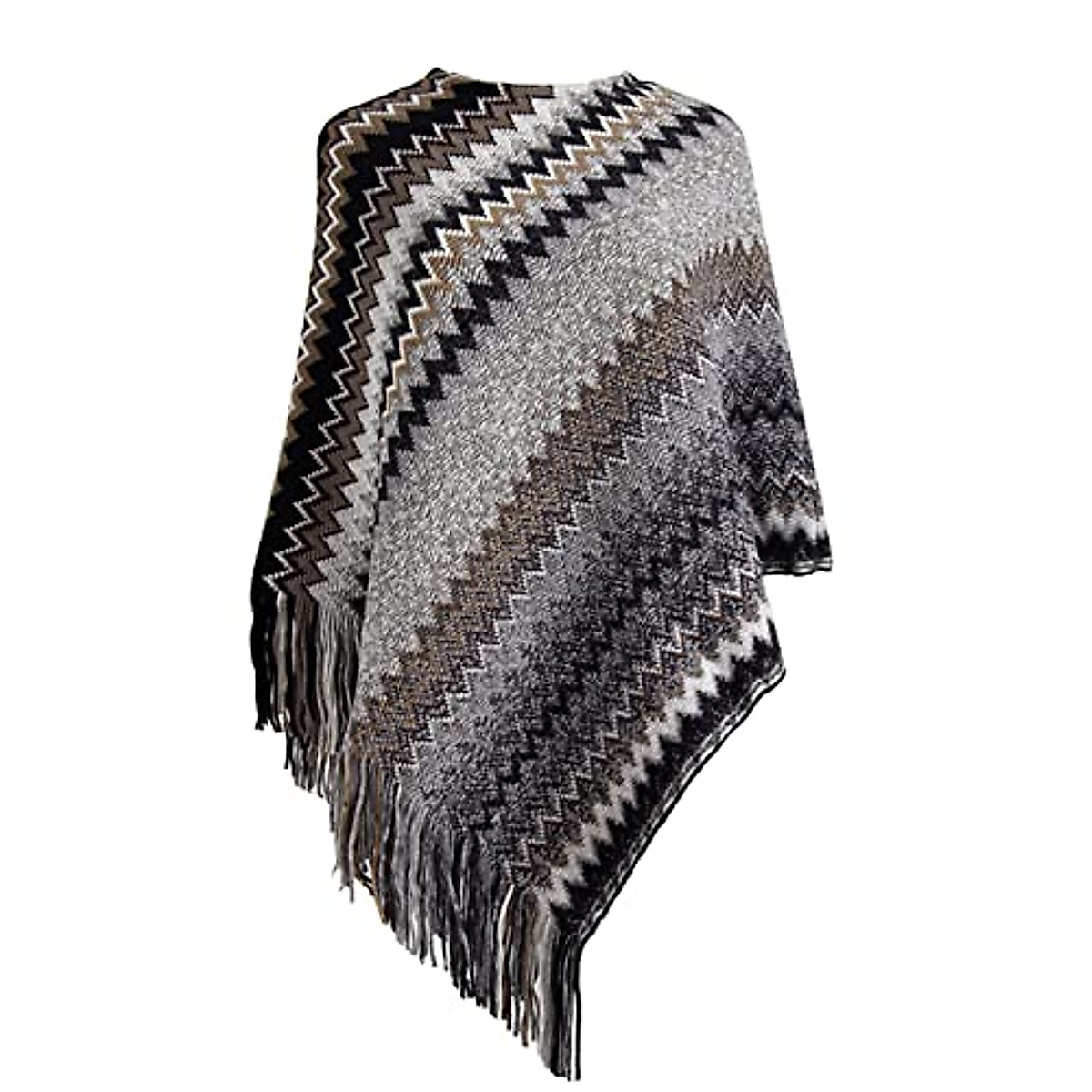 StylesILove Women Autumn Winter Knitted Zig-Zag Pullover Fringe Poncho Sweater Soft Wrap Cape Lightweight Shawl (Black)