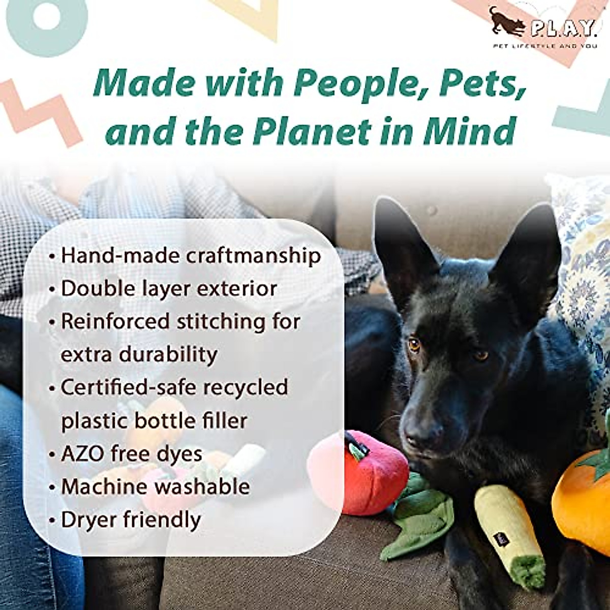 P.L.A.Y. Cute Plush Dog Toys - Fruit & Vegetable Themed Durable Squeaker Chew Toy, Great for Puppies & Small, Medium, Large Dogs - Machine Washable, Recycled Materials (Garden Fresh Peapod, Medium)