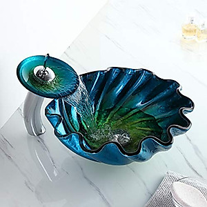 KunMai Blue&Green Seashell Wave Tempered Glass Bathroom Vessel Sink & Waterfall Faucet Set Chrome