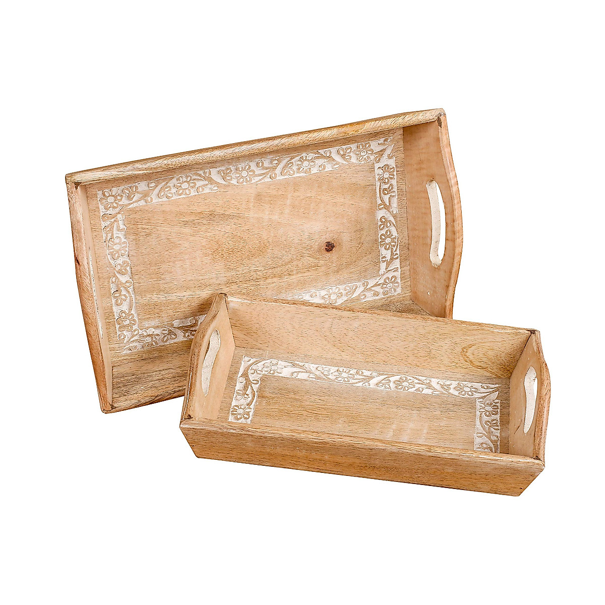 Carved Wooden Office Tray Decor, Rustic Handmade Classic Wooden Office Desk Tray for Papers and Stationary, Serving Tray for Coffee and Snacks - White Wash - Set of 14 and 10 Inches