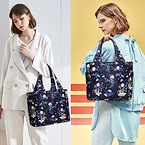 Scorlia Insulated Lunch Shoulder bag, Extra Large Lunch Tote Handbag, Durable Reusable Cooler Ladies lunch Box Bag with Side pockets, Tall Drinks Holder for Women Men Work, Blue flower