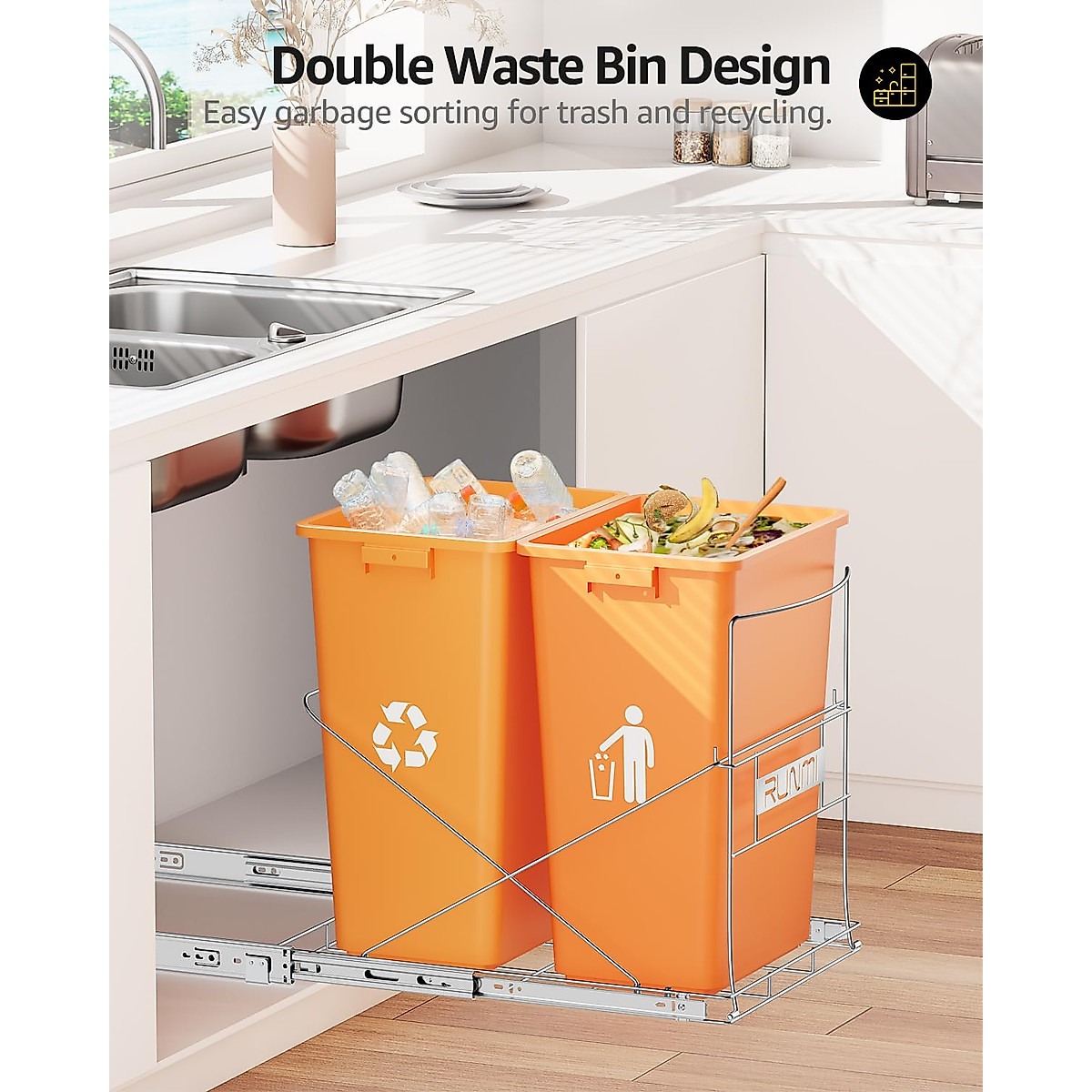 Double 37 Quart Pull Out Trash Can Under Cabinet, Under Sink Trash Can Rack, 70 Liter Total Capacity, Cabinet Trash Can Pull Out Kit, Not Included Can