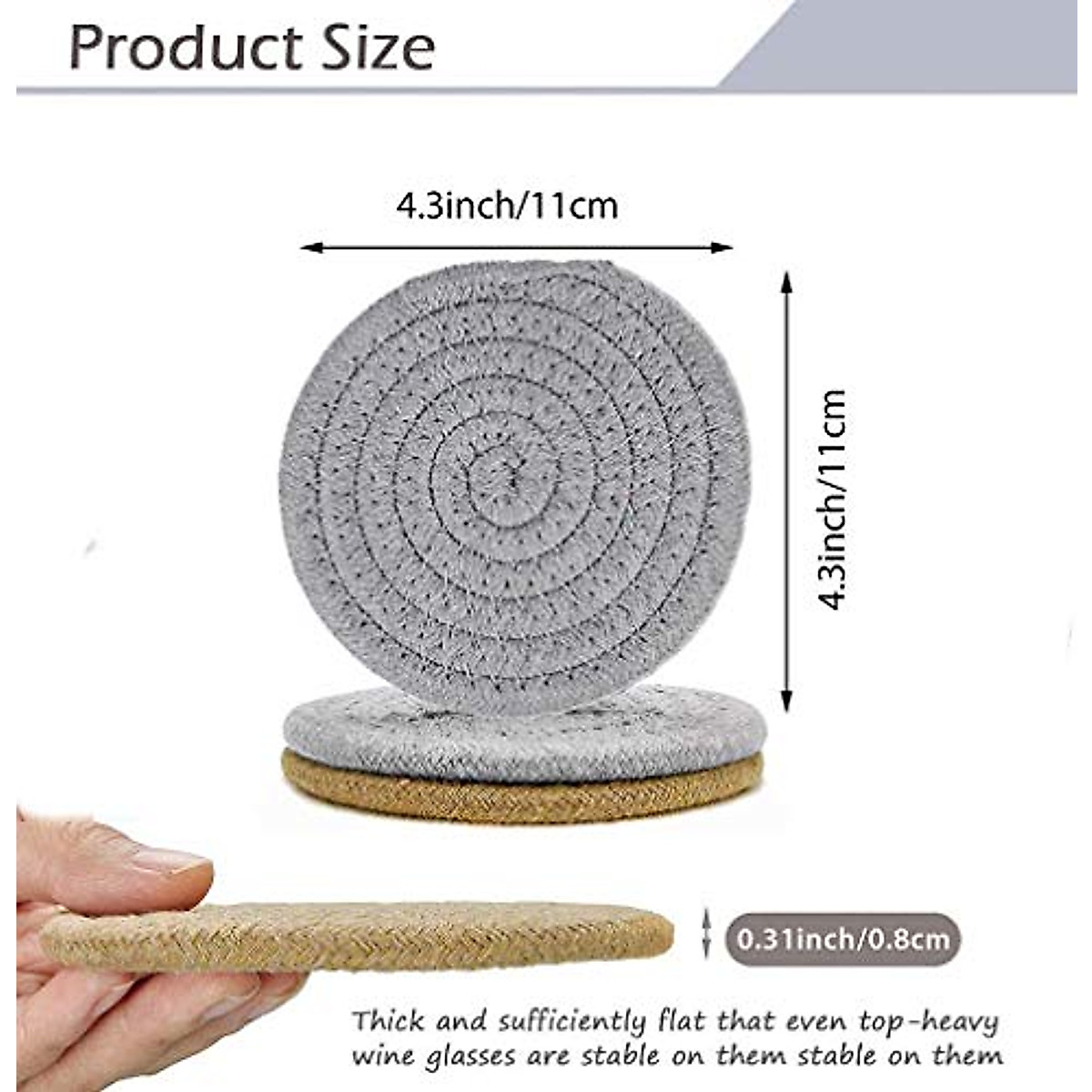 4 Pieces Coasters for Drinks Absorbent Handmade Braided Coaster Set 4.3 Inch Thicken Heat Insulation Coasters for Drinks (Grey)