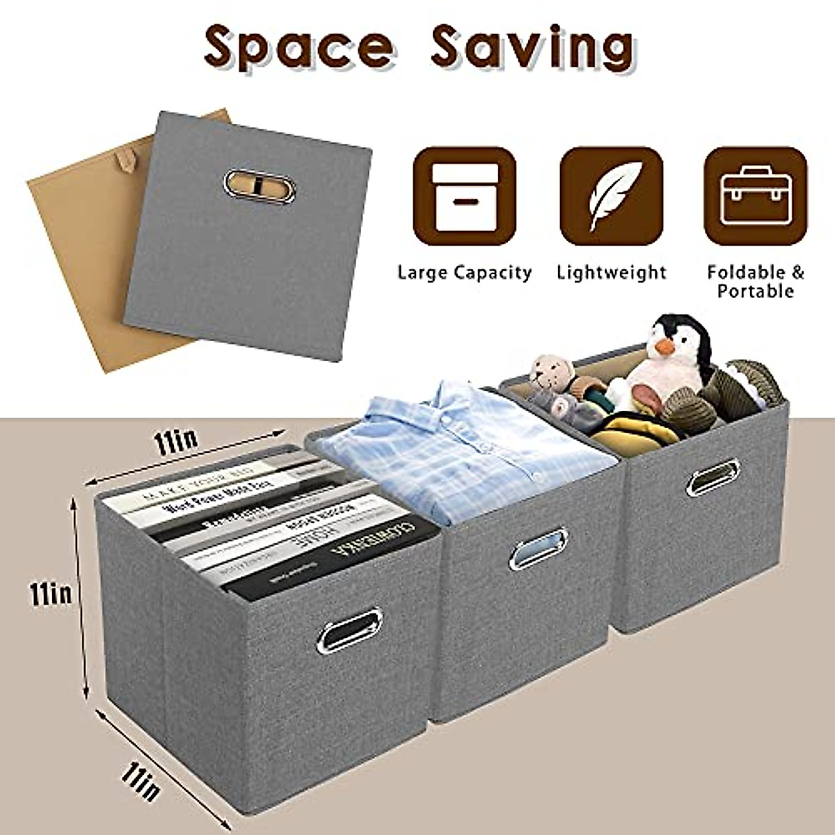 Storage Cubes, 11 Inch Cube Storage Bins (Set of 3), Fabric Collapsible Storage Bins with Dual Handles, Foldable Cube Baskets for Shelf, Closet Organizers and Storage Box (Beige)