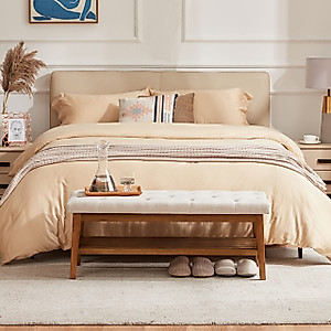 HUIMO Entryway Shoe Bench, End of Bed Bench,Upholstered Button-Tufted Bench for Kitchen, Fabric Ottoman Bench for Living Room, Padded Bench with Solid Wood Shelf Beige